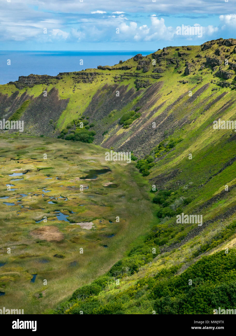Crater rim, Rano Kau extinct volcano, with wetland in crater, Easter ...
