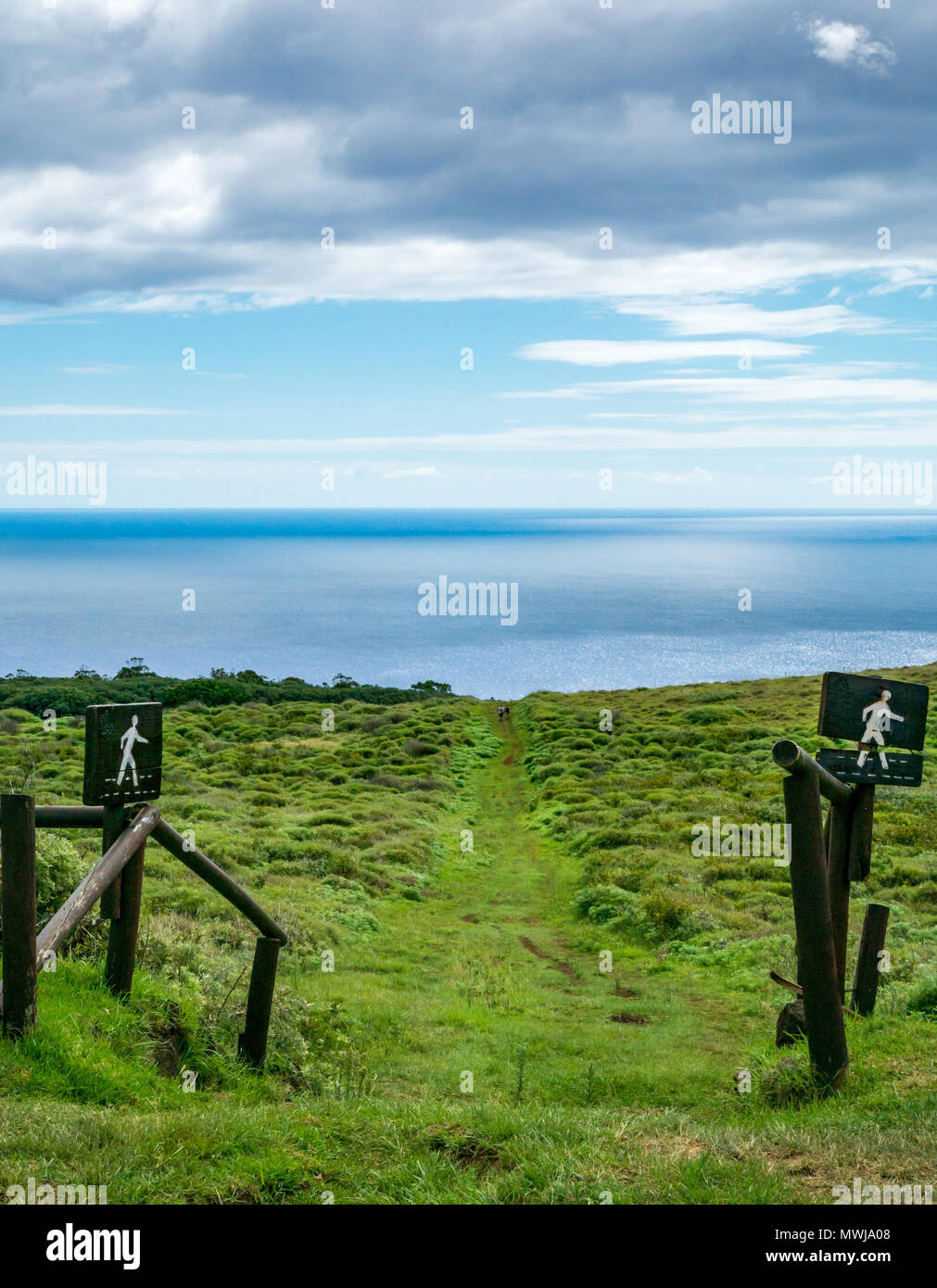 Walking footpath signs leading across field down to Pacific Ocean ...