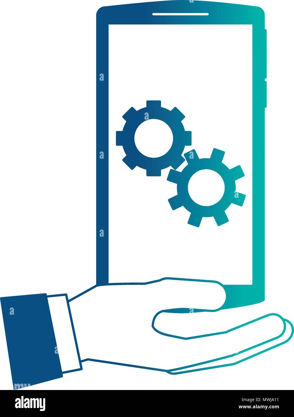 hand holding smartphone settings screen gear icon vector illustration ... hand holding smartphone settings screen gear icon vector illustration ...