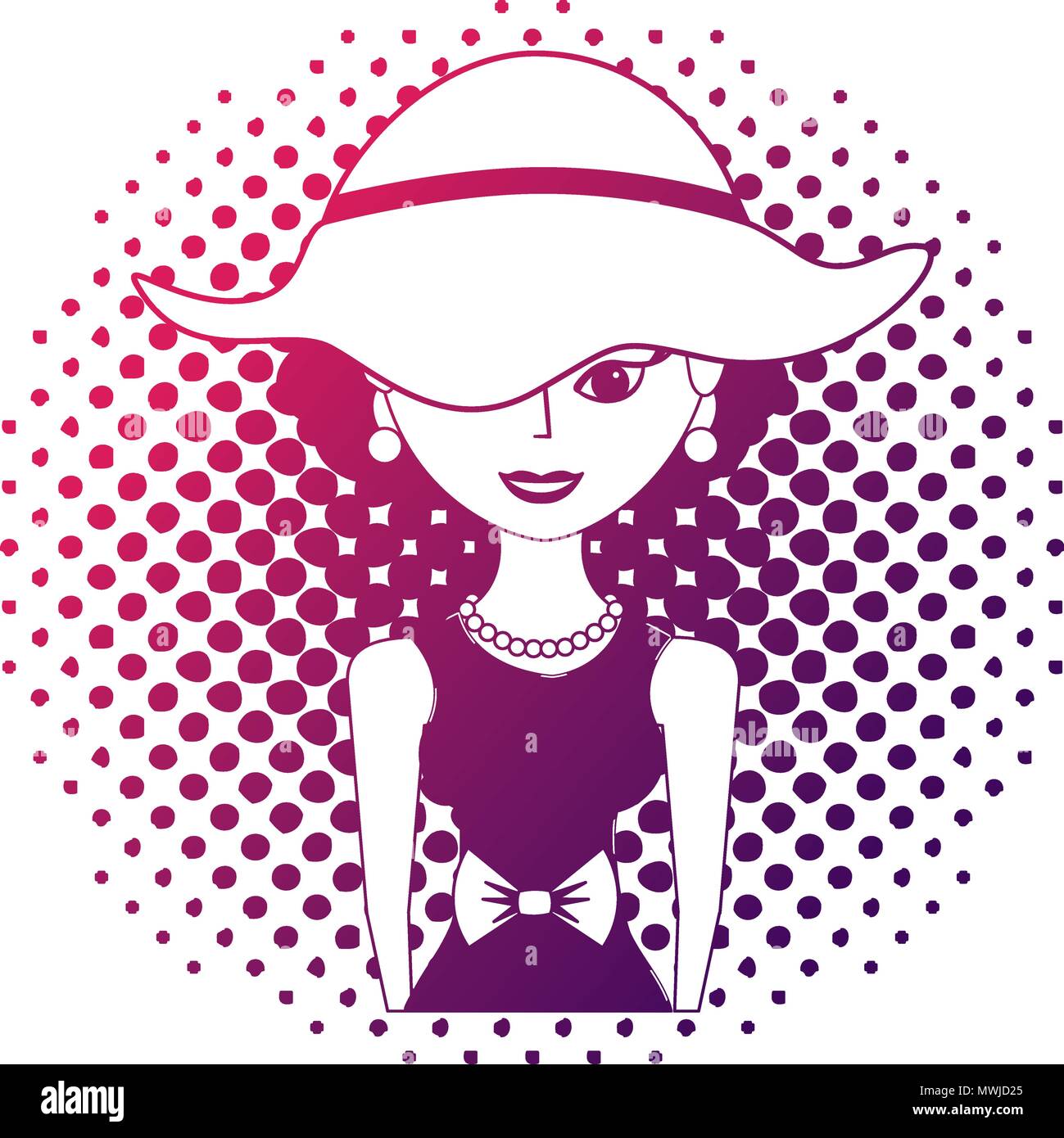 elegant woman with hat character retro pop art vector illustration neon ...