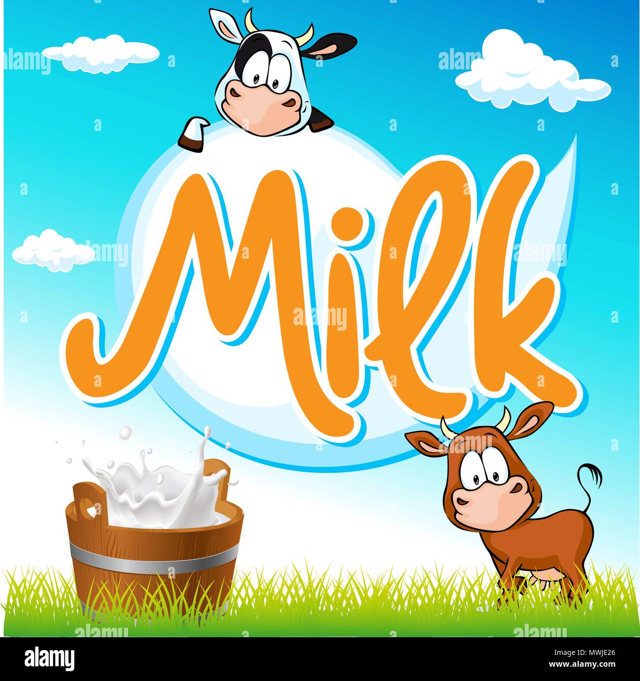 milk tag with cow and pail on green grass Stock Vector Image & Art - Alamy