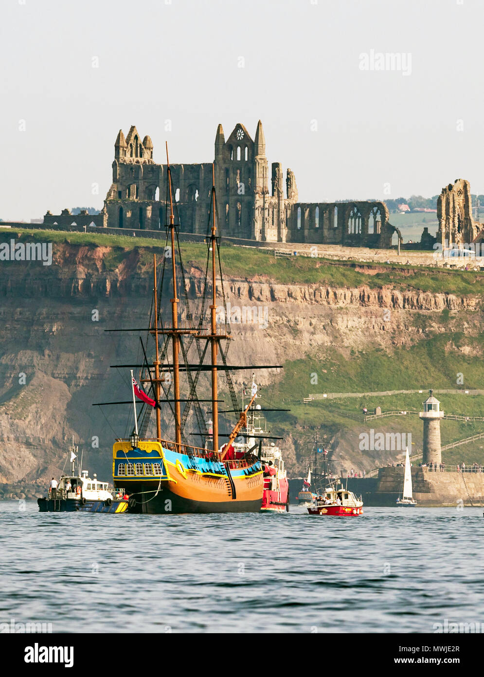 HM Bark Endeavour, a full-scale replica of Captain Cook's ship, sails ...