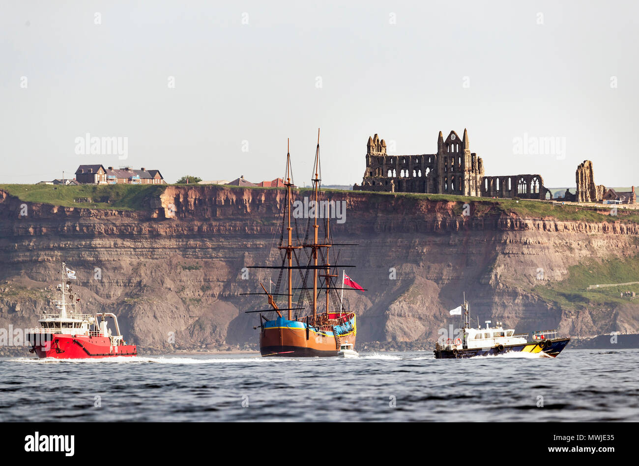 HM Bark Endeavour, a full-scale replica of Captain Cook's ship, sails ...