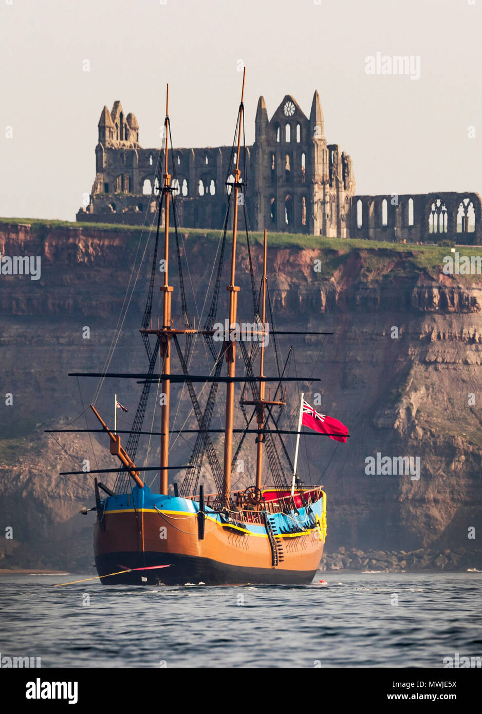 HM Bark Endeavour, a full-scale replica of Captain Cook's ship, sails ...