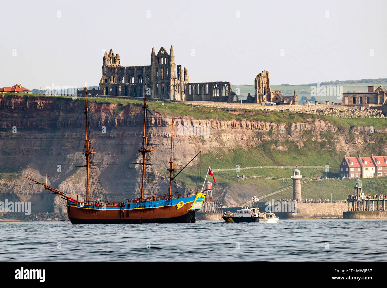 HM Bark Endeavour, a full-scale replica of Captain Cook's ship, sails ...