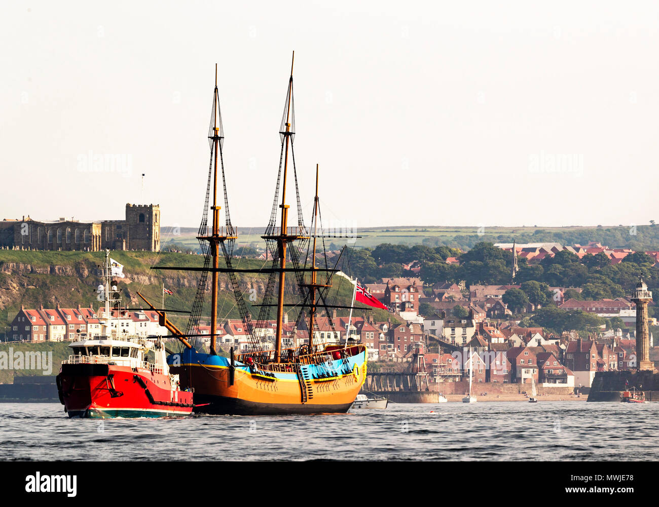 HM Bark Endeavour, a full-scale replica of Captain Cook's ship, sails ...