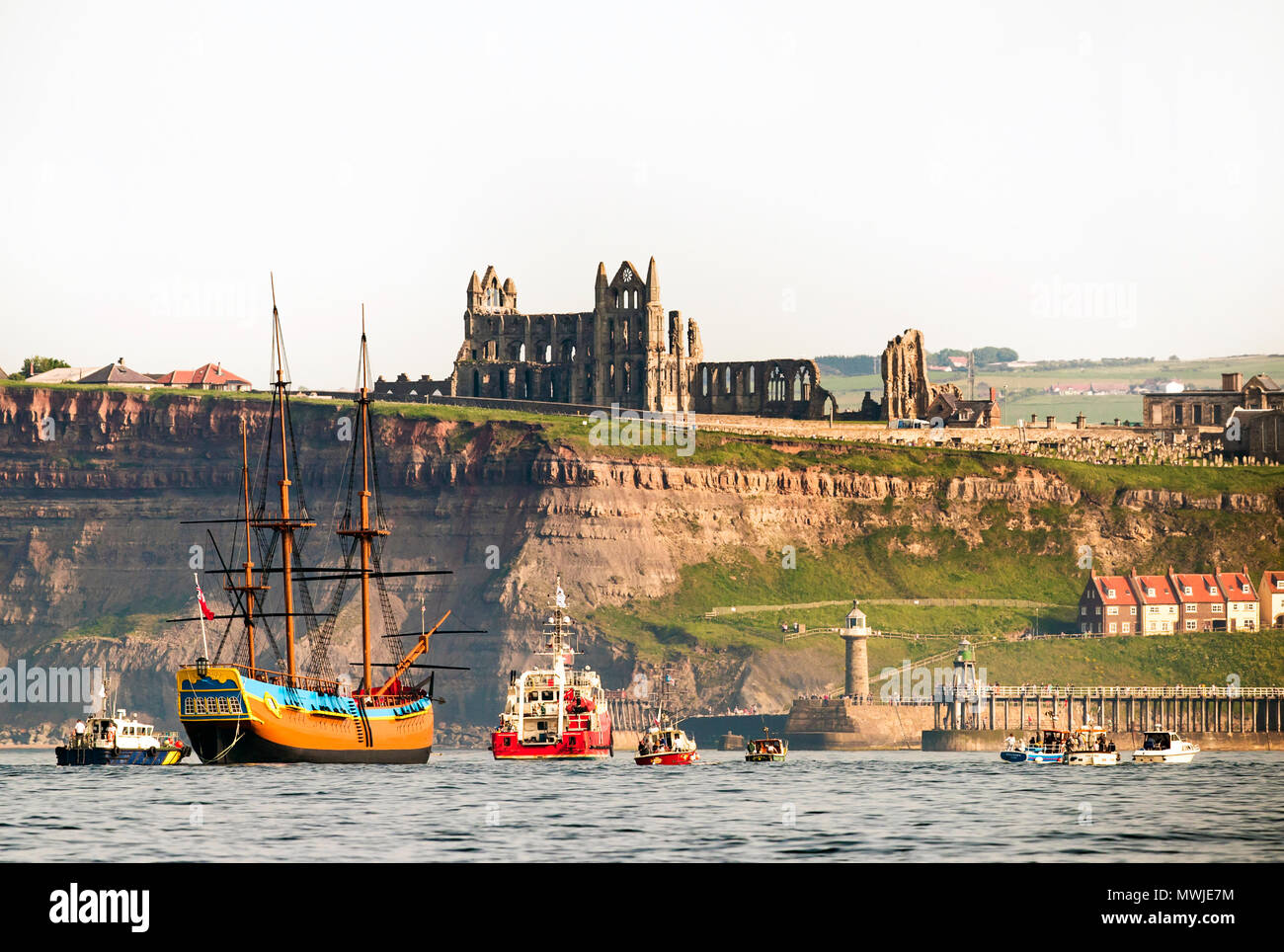 HM Bark Endeavour, a full-scale replica of Captain Cook's ship, sails ...