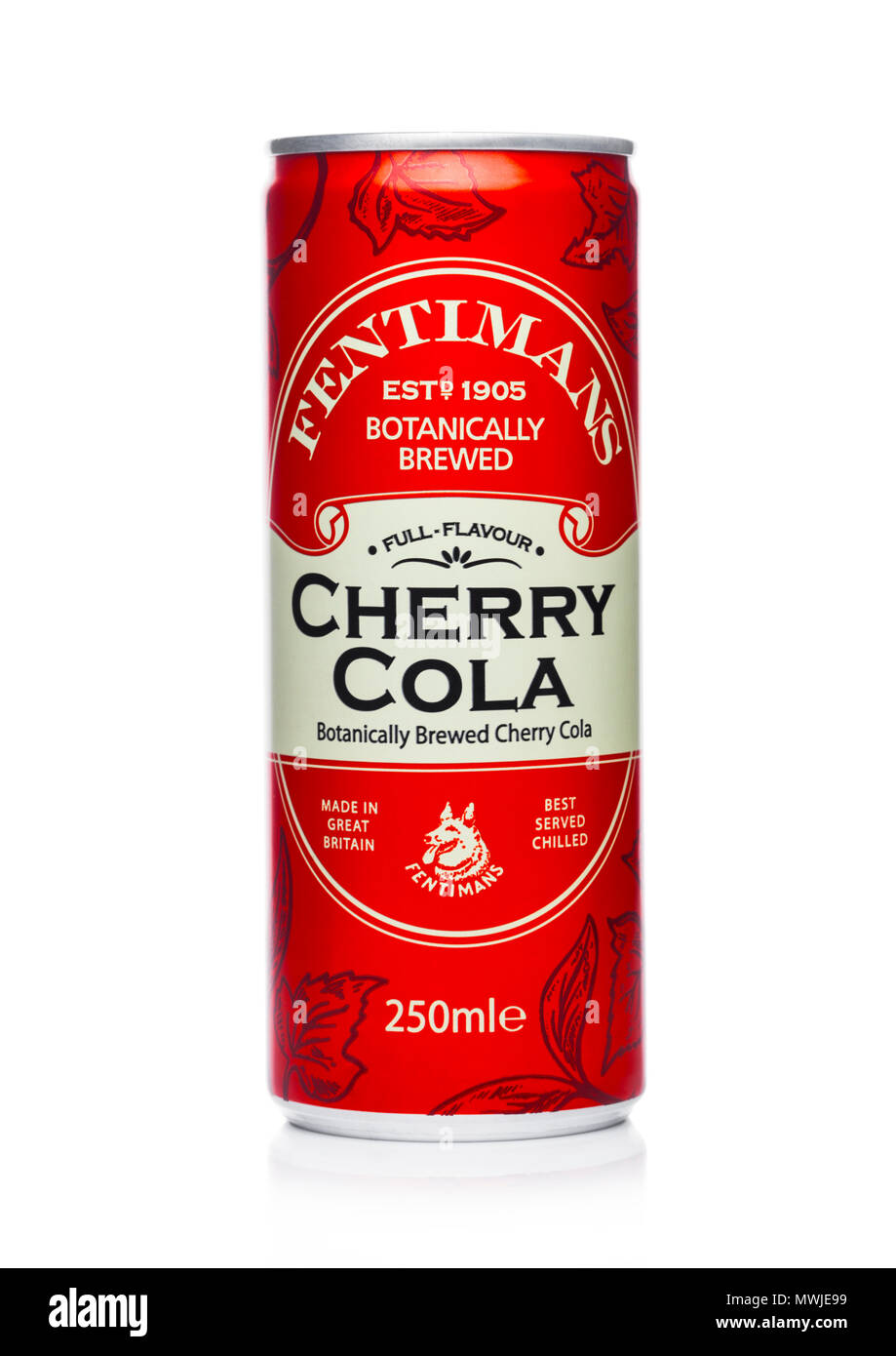 LONDON, UK - JUNE 01, 2018: Aluminium can of cherry cola on white ...