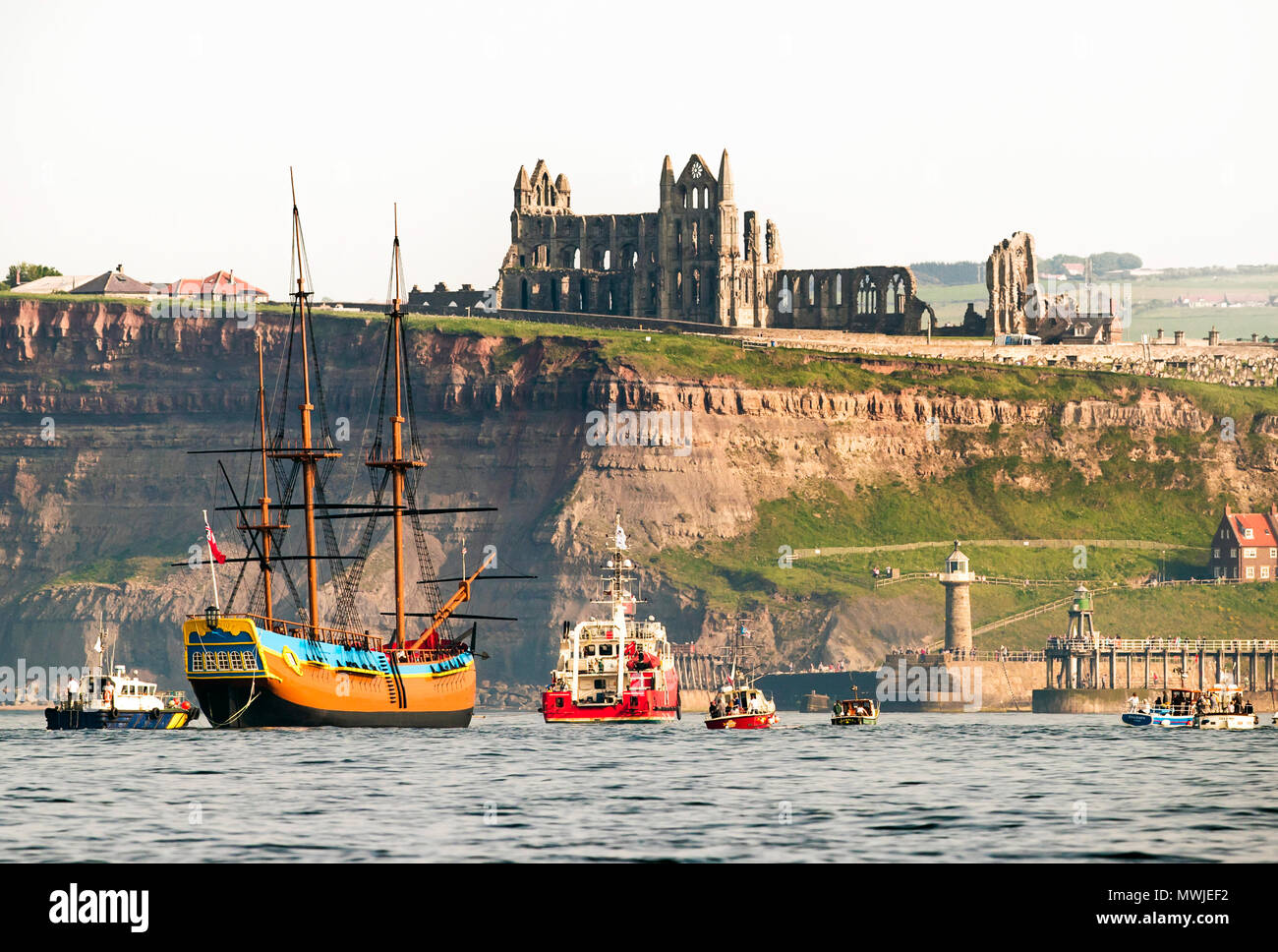 HM Bark Endeavour, a full-scale replica of Captain Cook's ship, sails ...