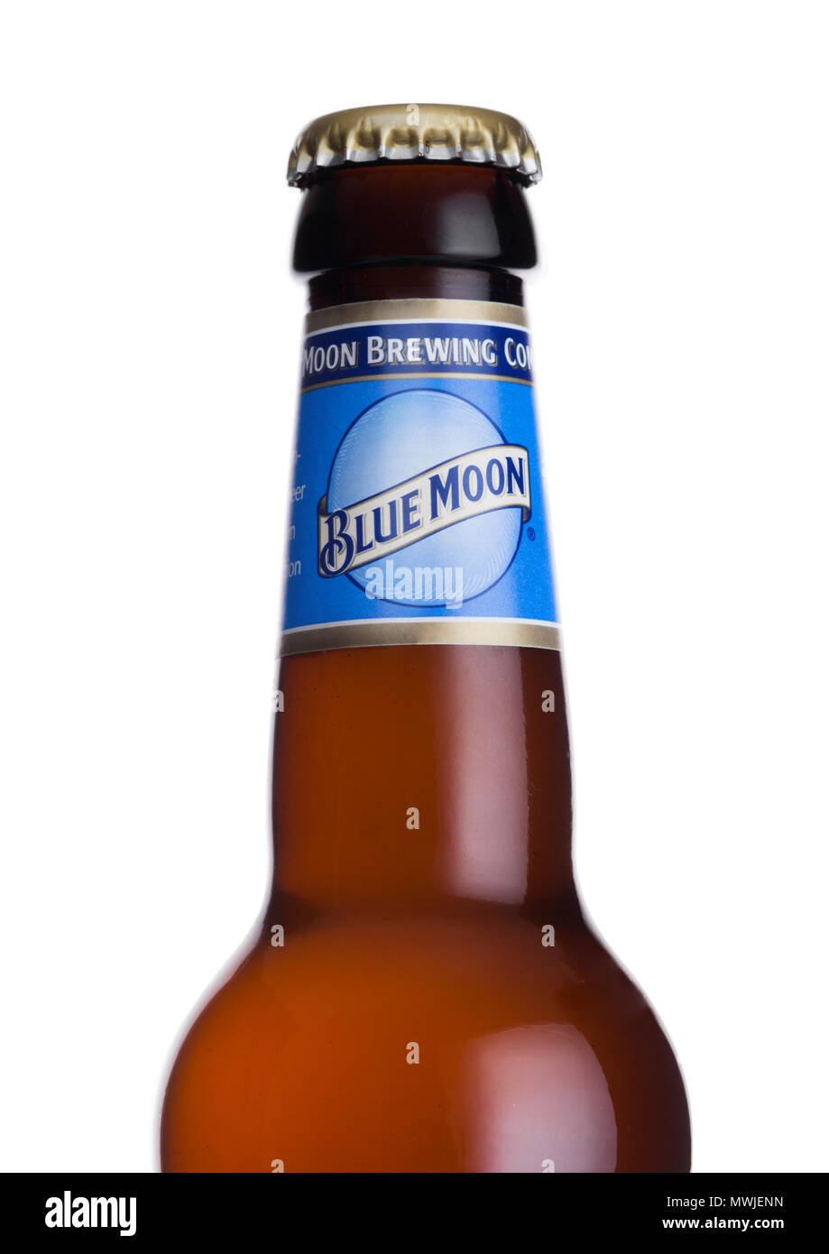 LONDON, UK - JUNE 01, 2018: Bottle of Blue Moon belgian white beer ...