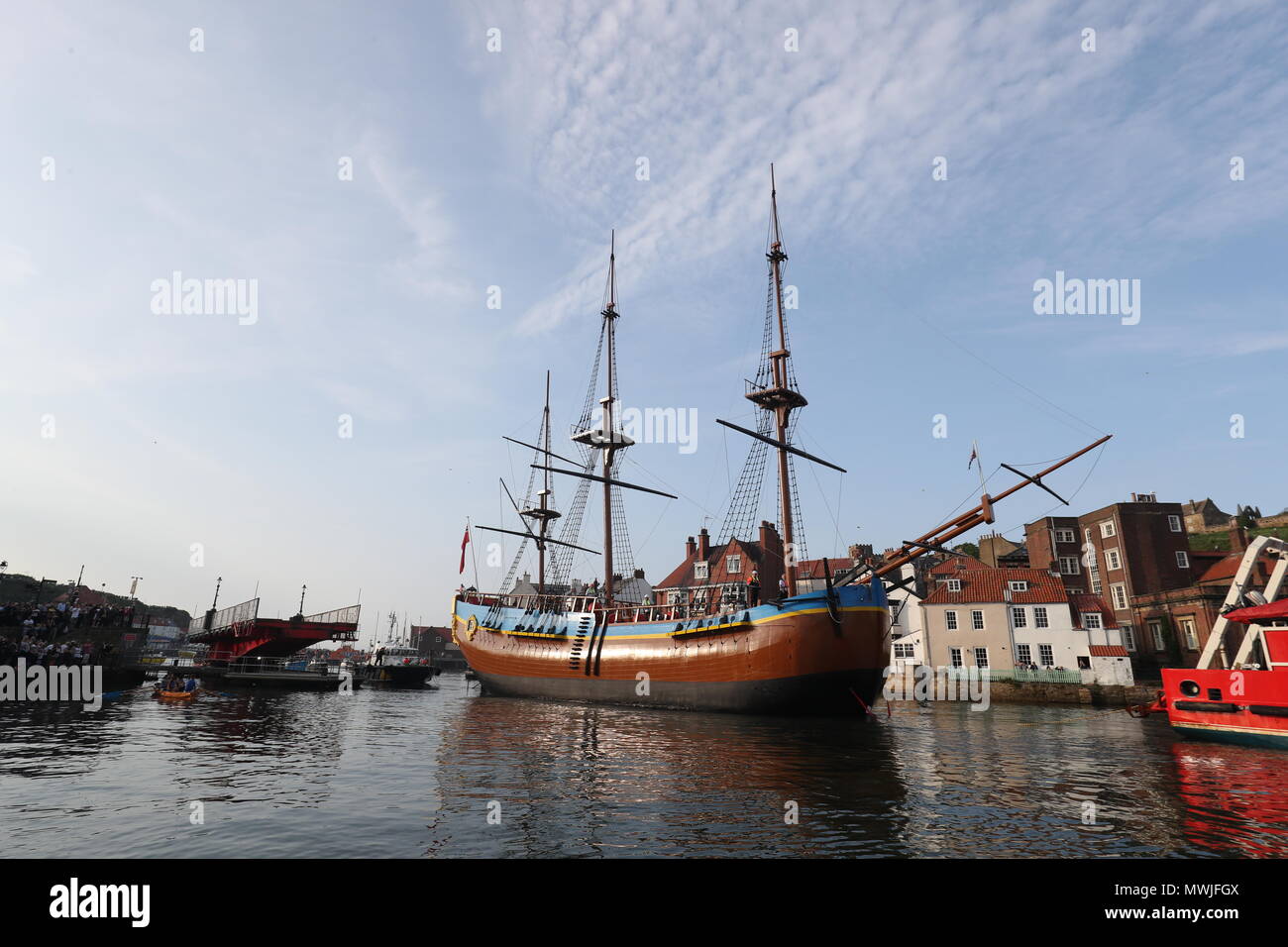 HM Bark Endeavour, a full-scale replica of Captain Cook's ship, sails ...