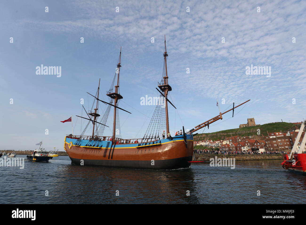 HM Bark Endeavour, a full-scale replica of Captain Cook's ship, sails ...