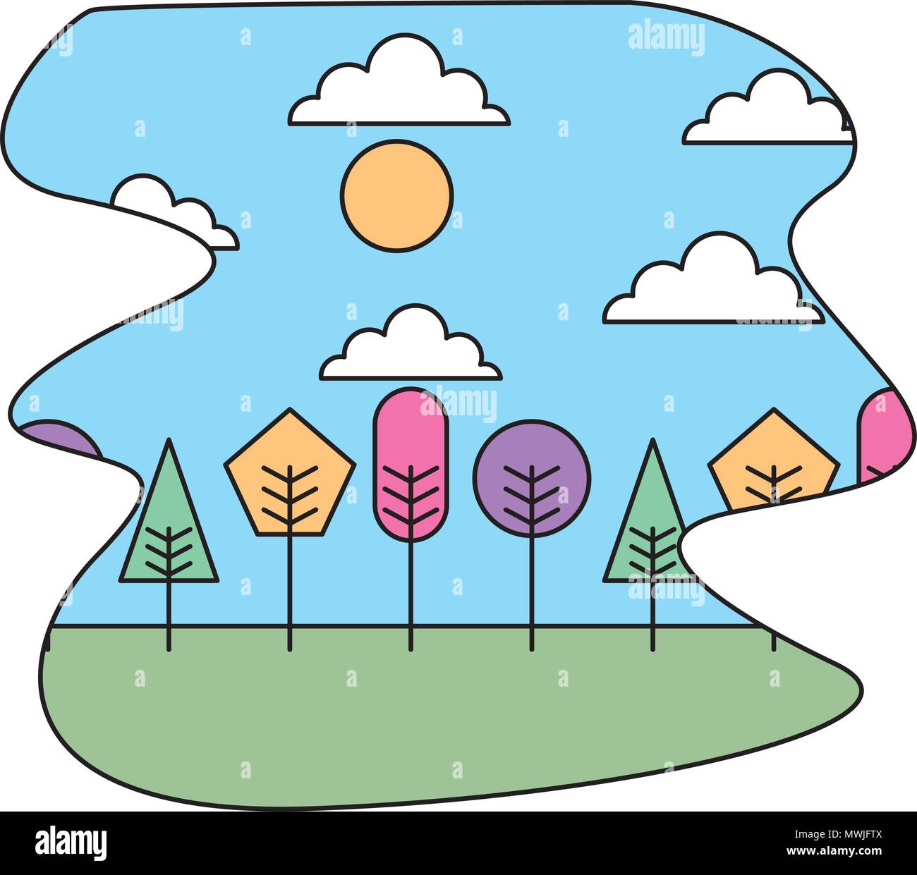 landscape tree forest sky scene cartoon vector illustration Stock ...
