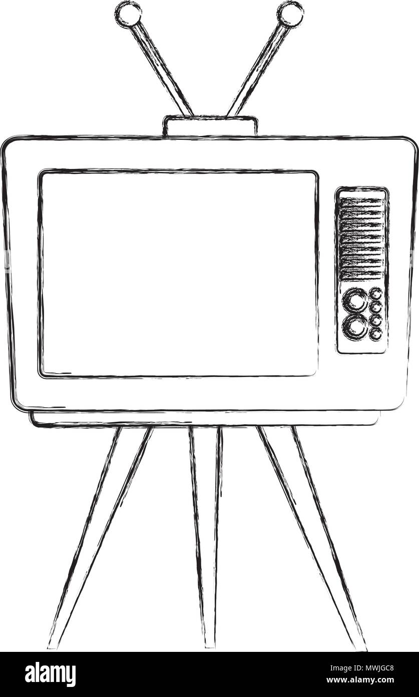 vintage retro television device on table vector illustration sketch ...