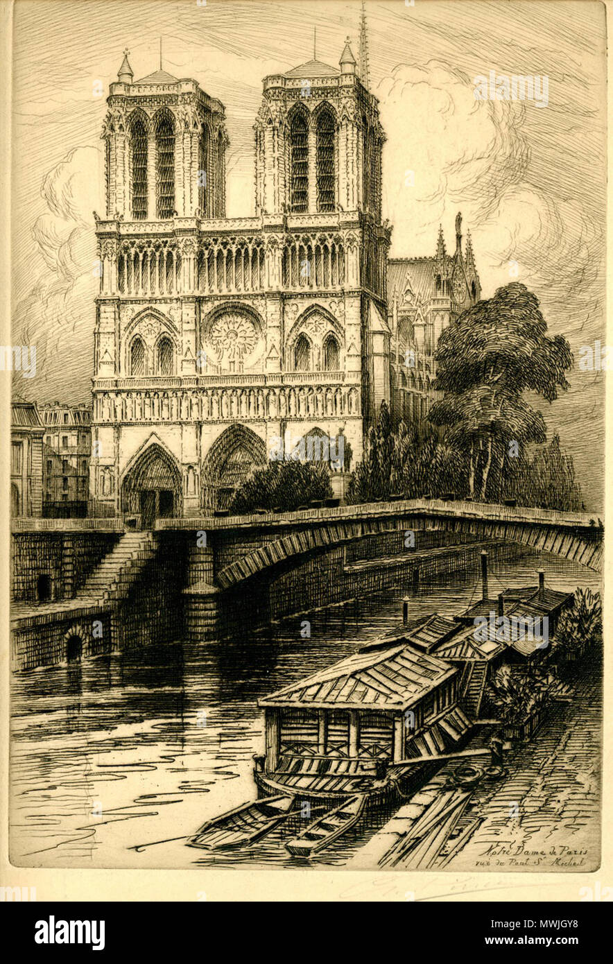 . English: Paris, Notre-Dame vue du Pont Saint-Michel - gravure de ...