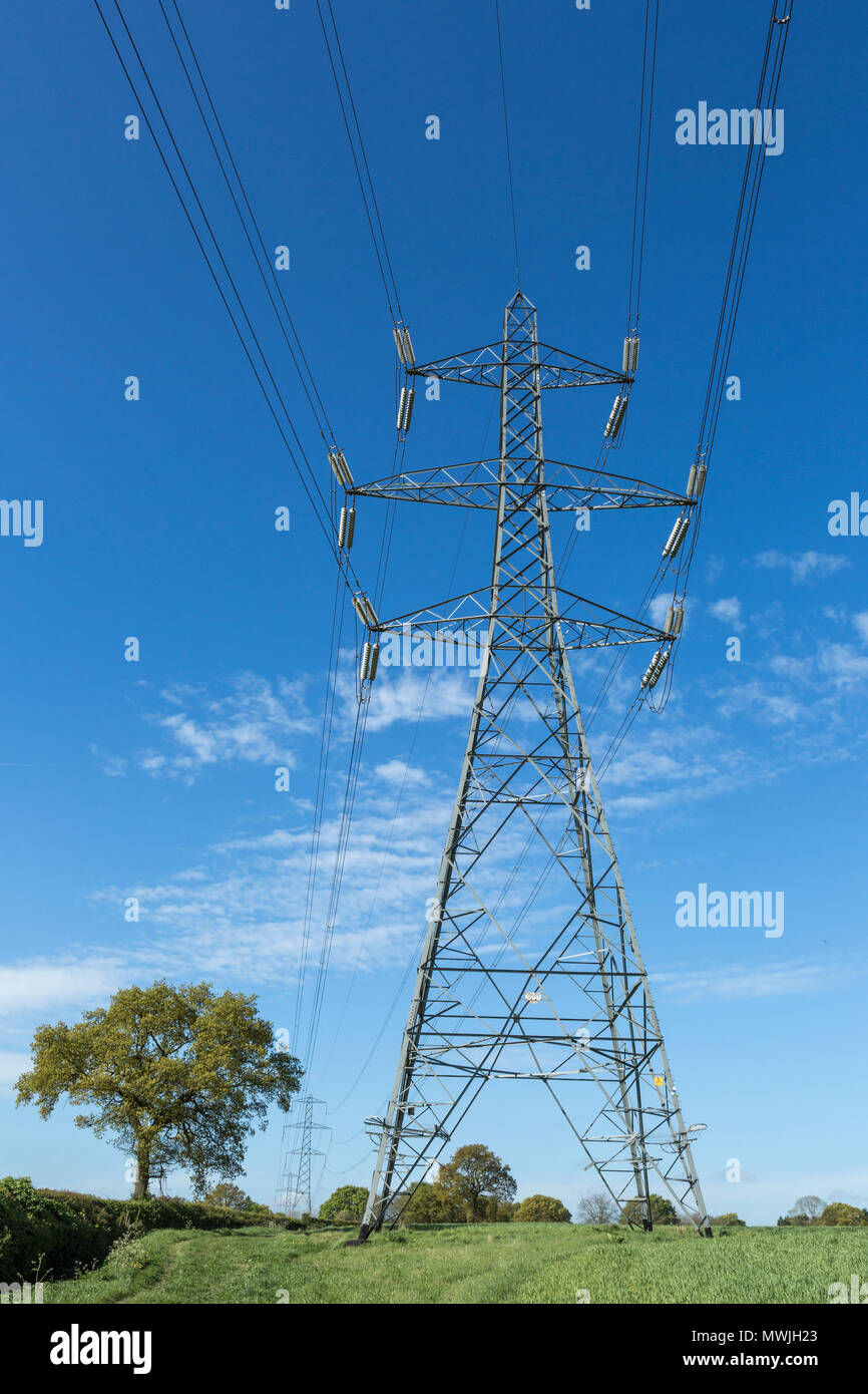 Transmission tower against blue sky, Coventry, West Midlands, England ...