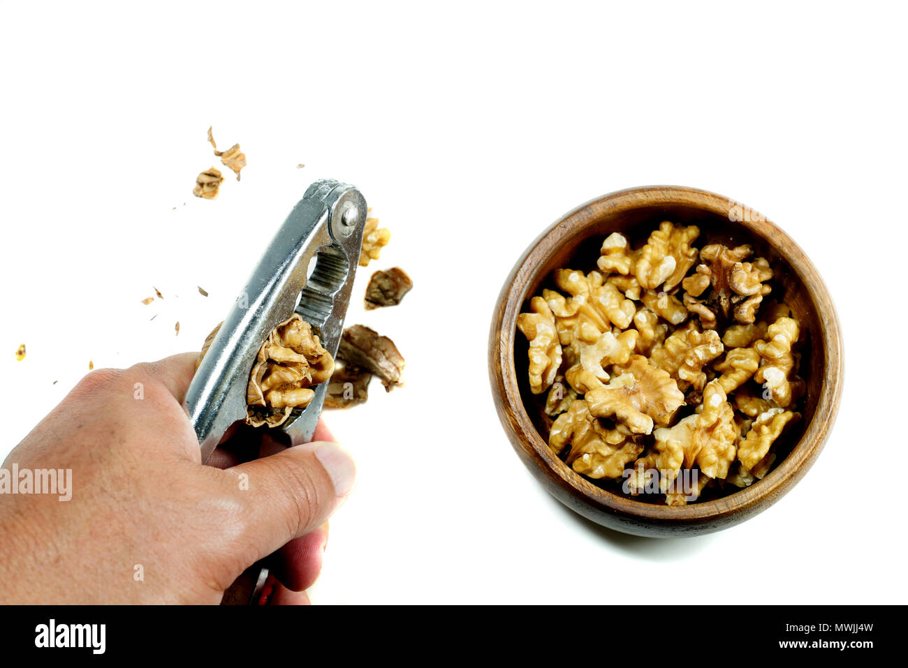 Man hand is cracking a walnut with metal nutcracker and kernel walnuts ...