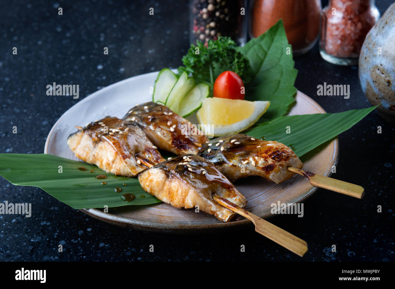 Skewer grilled saba fish with teriyaki sauce set and serve in Japanese ...
