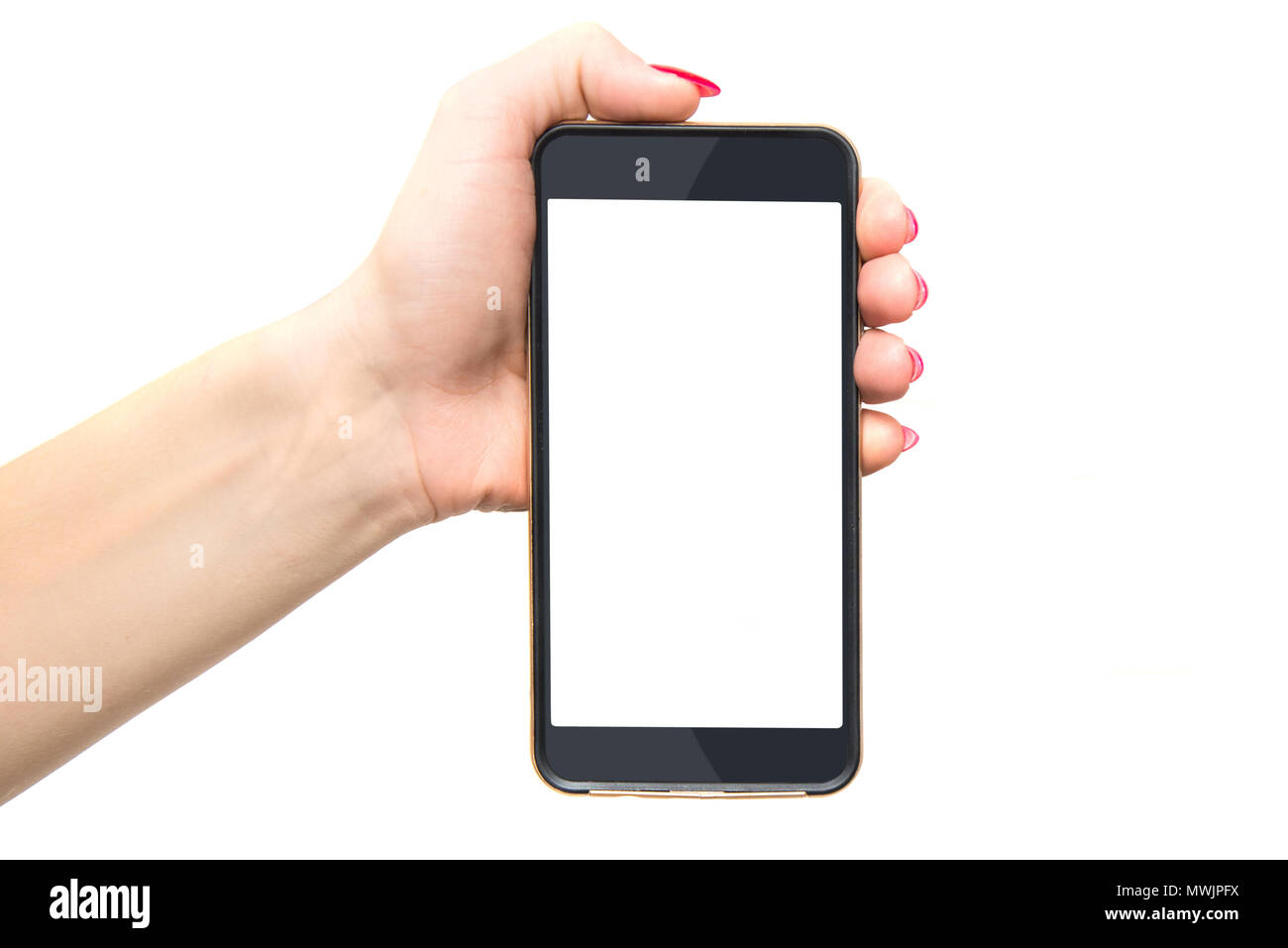 Phone in hand. Mobile phone held by a woman's hand, blank display ...