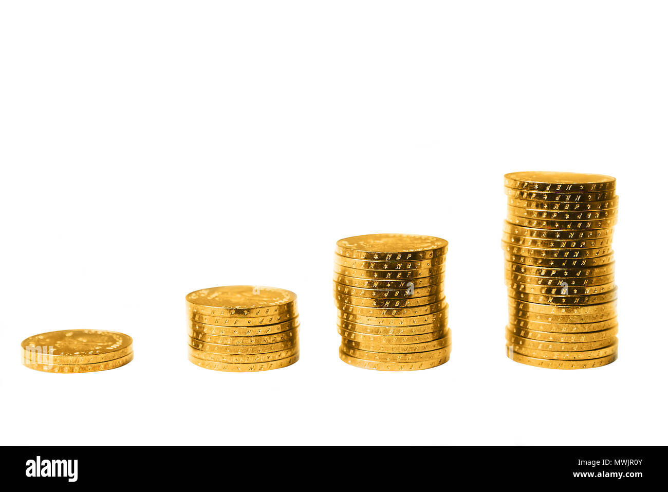 Savings, increasing columns of gold coins isolated on white background ...