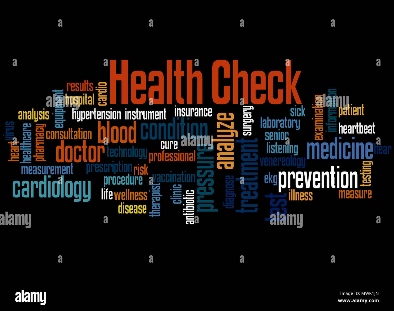 Health Check word cloud concept on black background Stock Photo - Alamy