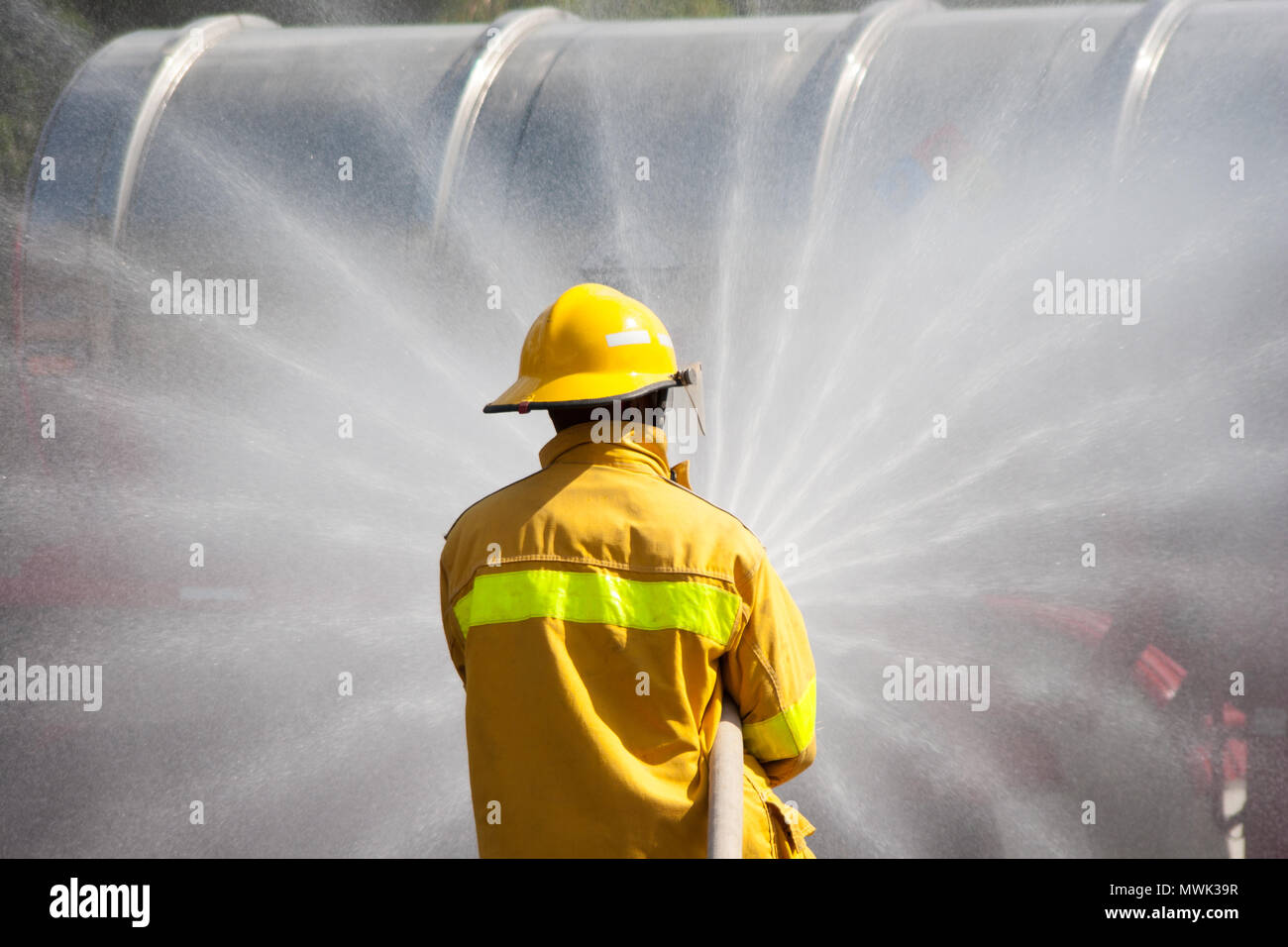 Firefighter fighting For A Fire Attack, During A Training Exercise ...