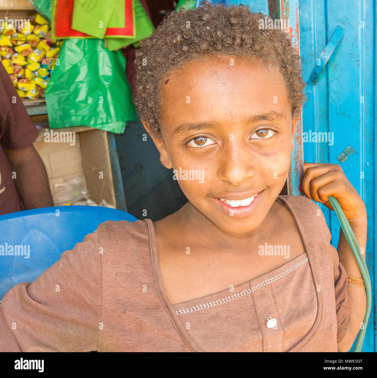 Addis Zemen, Ethiopia - February 10, 2015: Close up picture of the girl ...