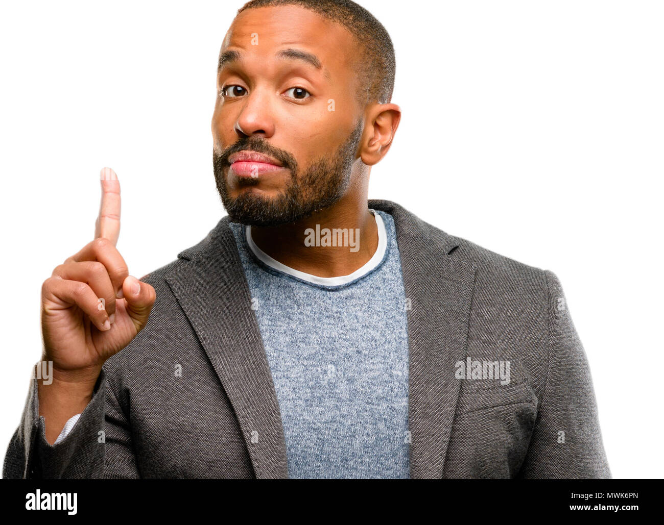 African american man with beard raising finger, the number one isolated ...