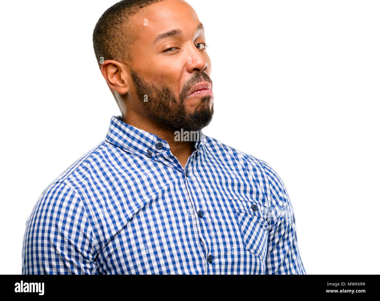 African american man with beard having skeptical and dissatisfied look ...