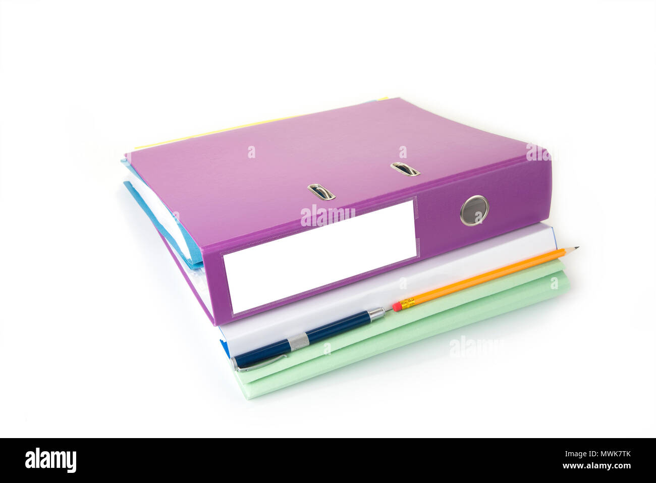 Bookkeeping files in the folder with pen and blank sign Stock Photo - Alamy