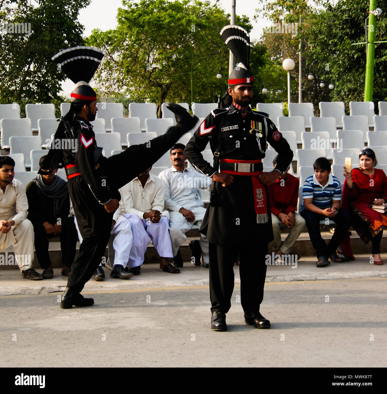 The marching Pakistani guards in national uniform at the ceremony of ...