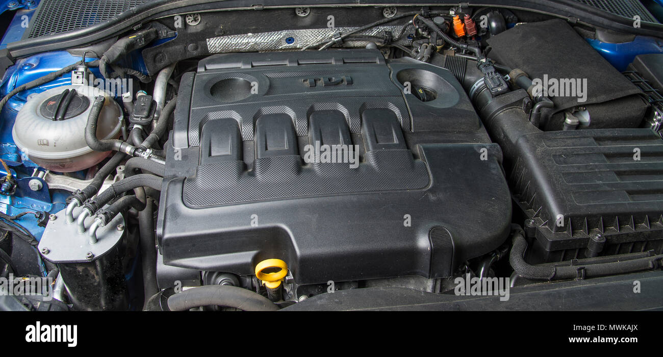 Open hood on diesel engine modern car in detail Stock Photo - Alamy