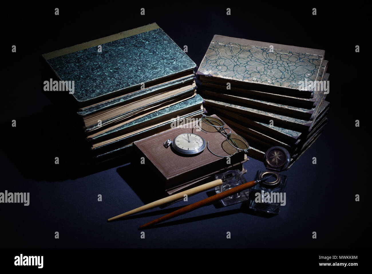 Vintage concept with old books, papers, ink pen and inkpot Stock Photo ...