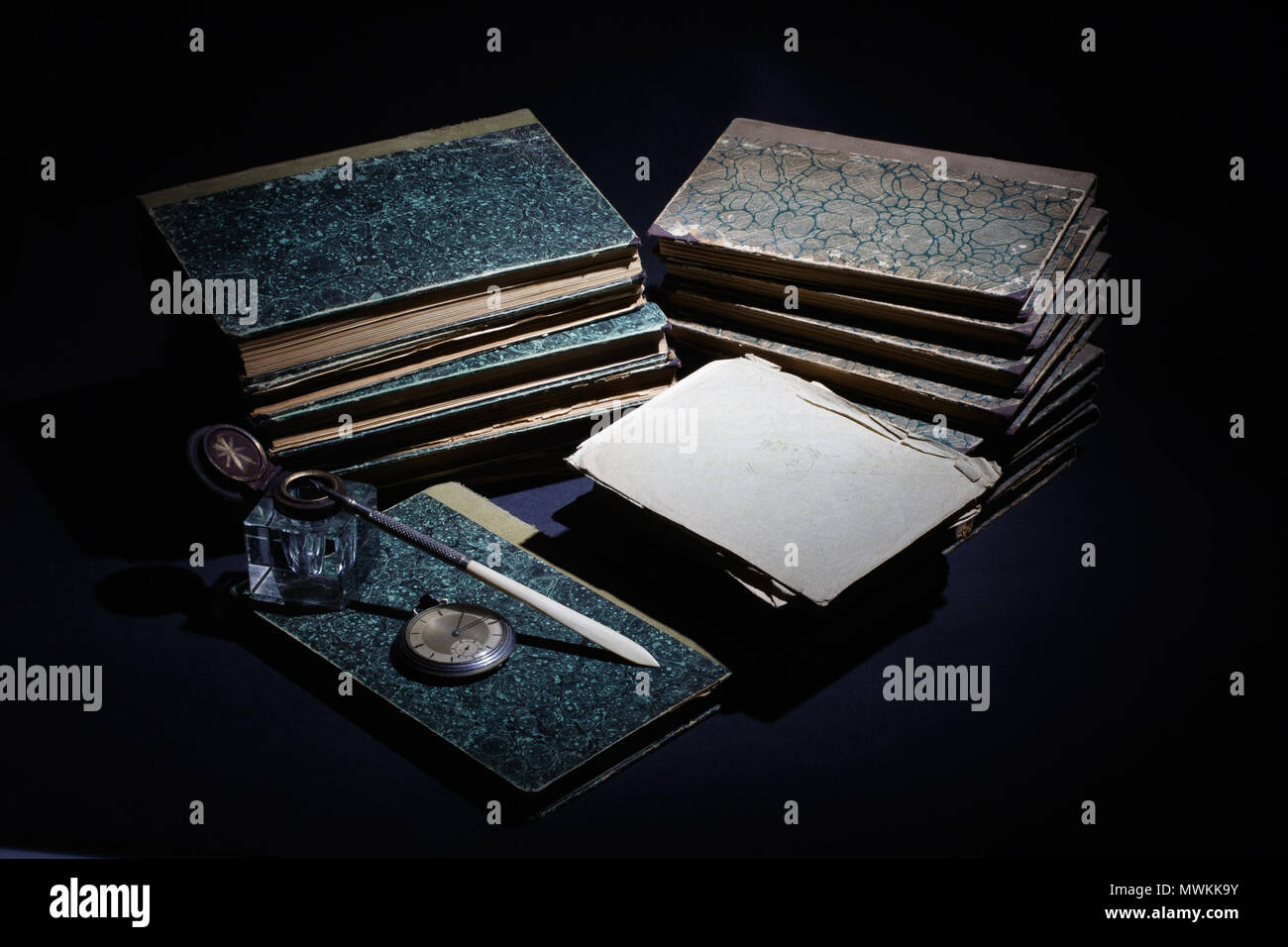 Vintage concept with old books, papers, ink pen and inkpot Stock Photo ...
