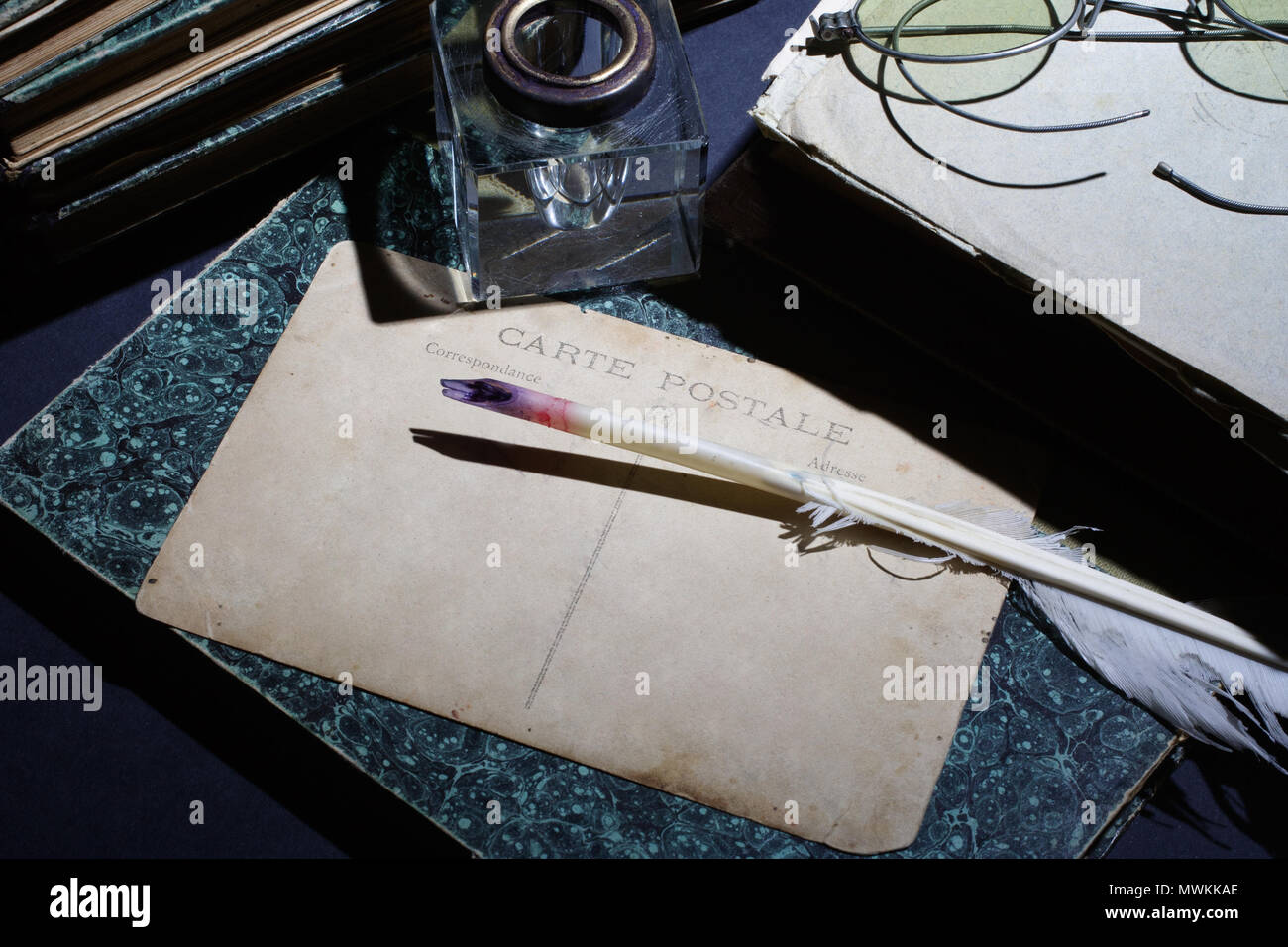 Vintage concept with old books, papers, ink pen and inkpot Stock Photo ...