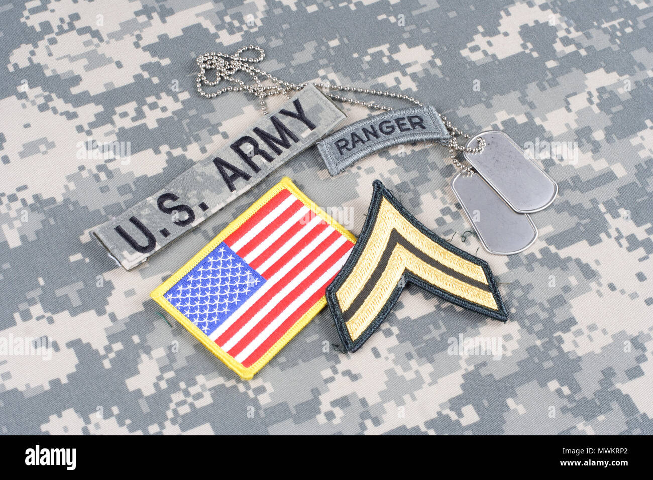 KIEV, UKRAINE - August 21, 2015. US ARMY ranger insignia on camouflage ...