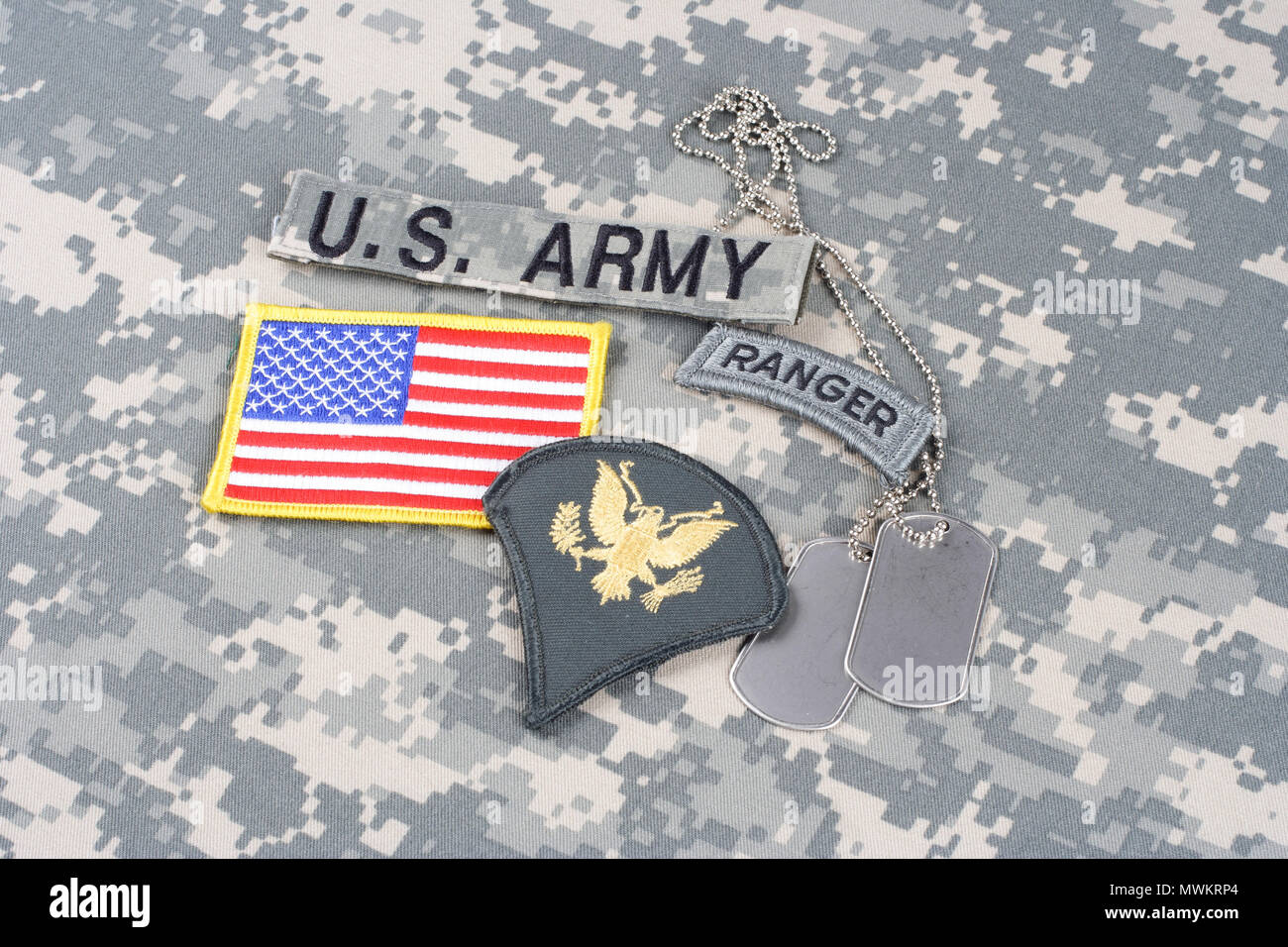 KIEV, UKRAINE - August 21, 2015. US ARMY ranger insignia on camouflage ...