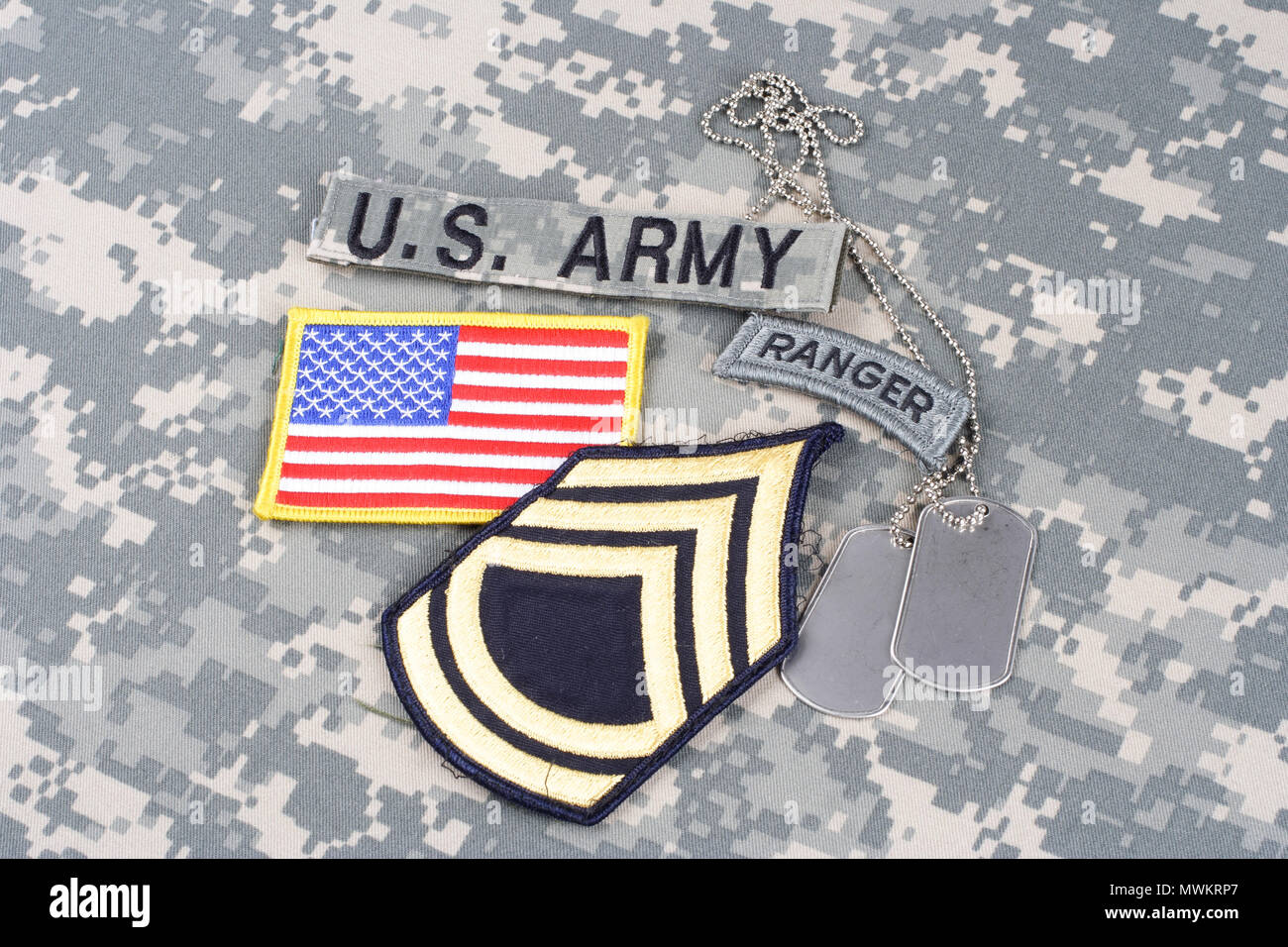 KIEV, UKRAINE - August 21, 2015. US ARMY ranger insignia on camouflage ...