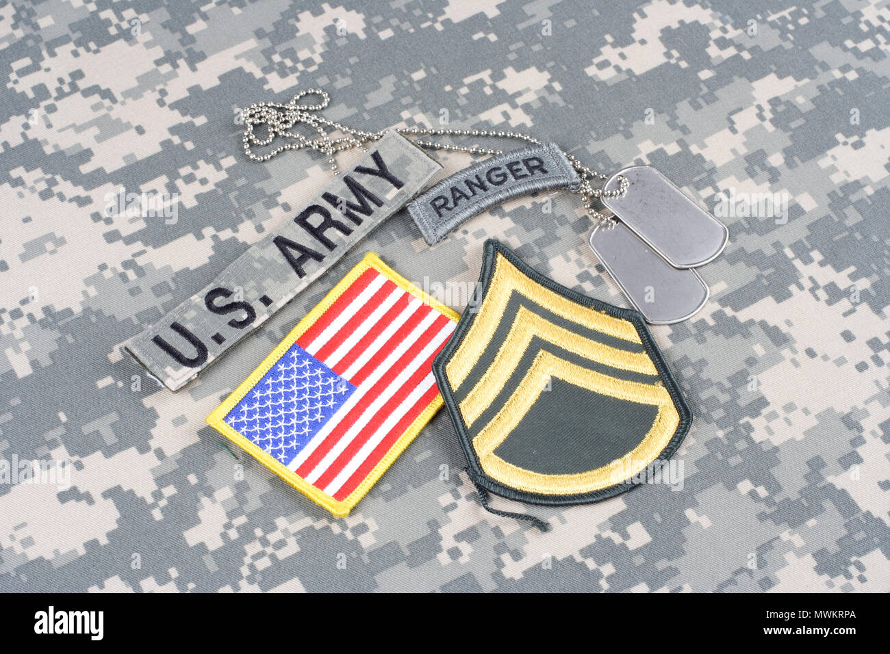 KIEV, UKRAINE - August 21, 2015. US ARMY ranger insignia on camouflage ...