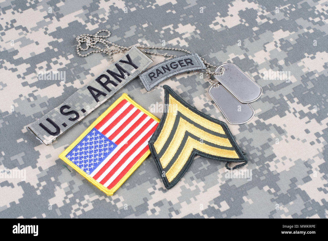 KIEV, UKRAINE - August 21, 2015. US ARMY ranger insignia on camouflage ...