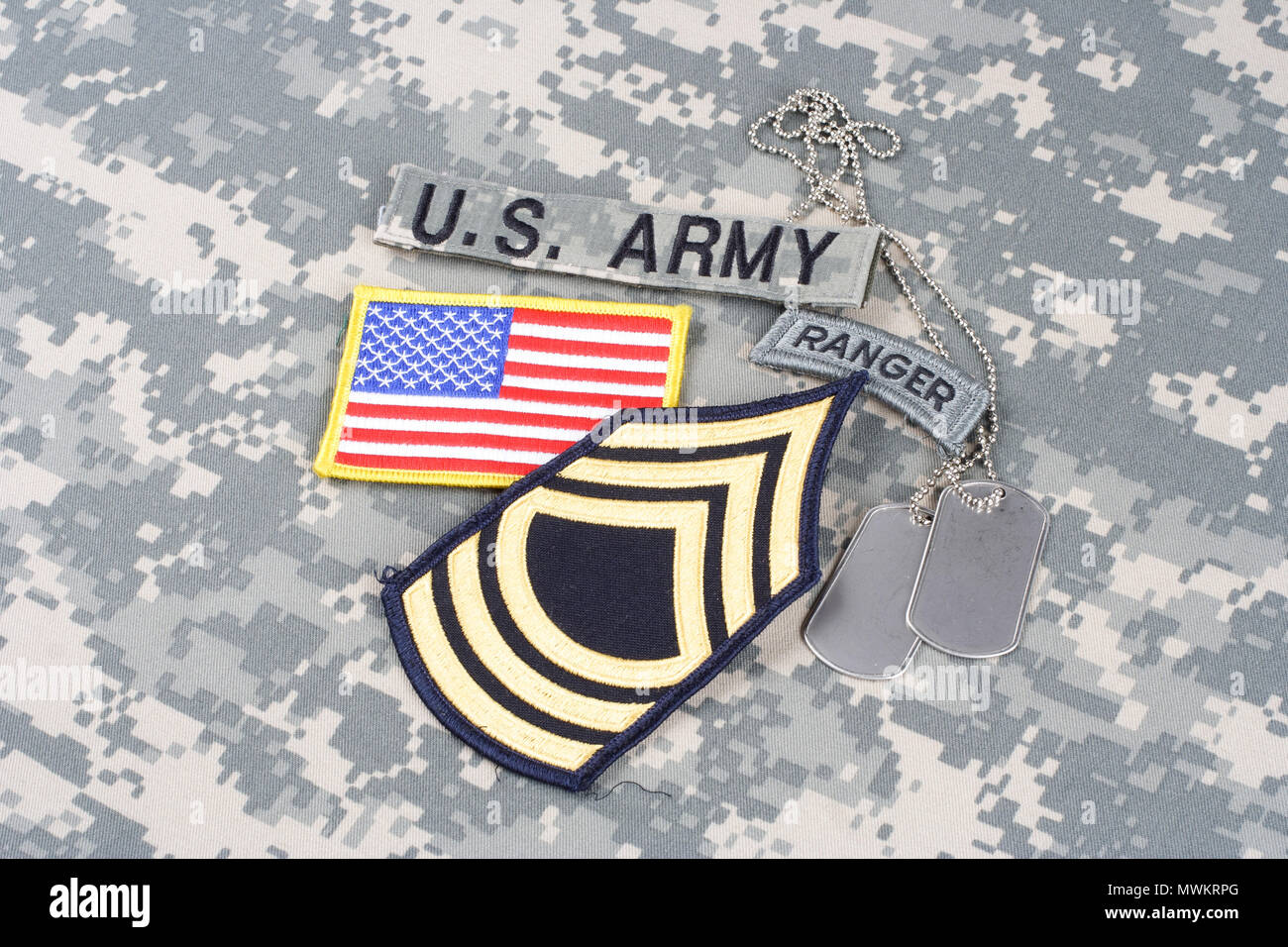 KIEV, UKRAINE - August 21, 2015. US ARMY ranger insignia on camouflage ...
