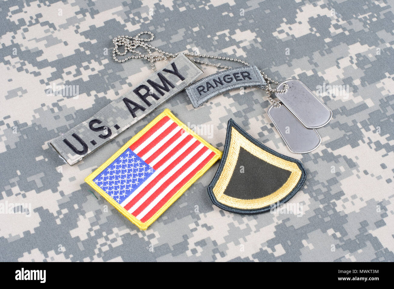 KIEV, UKRAINE - August 21, 2015. US ARMY ranger insignia on camouflage ...