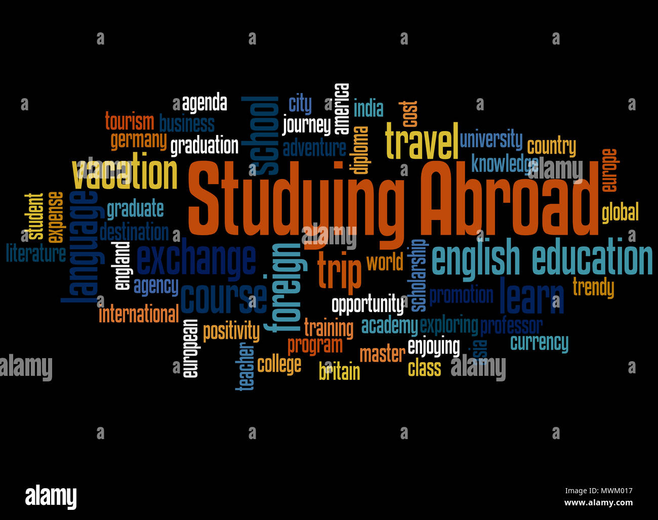 Studying abroad word cloud concept on black background Stock Photo - Alamy