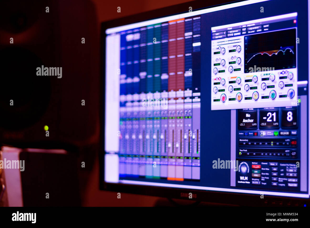 Recording studio digital mixing desk screen used to mix voiceover voice ...