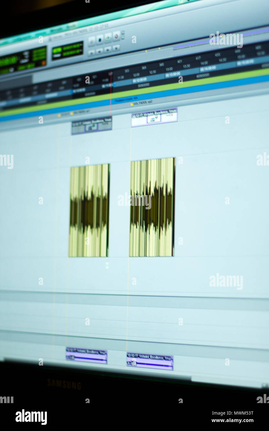 Recording studio digital mixing desk screen used to mix voiceover voice ...