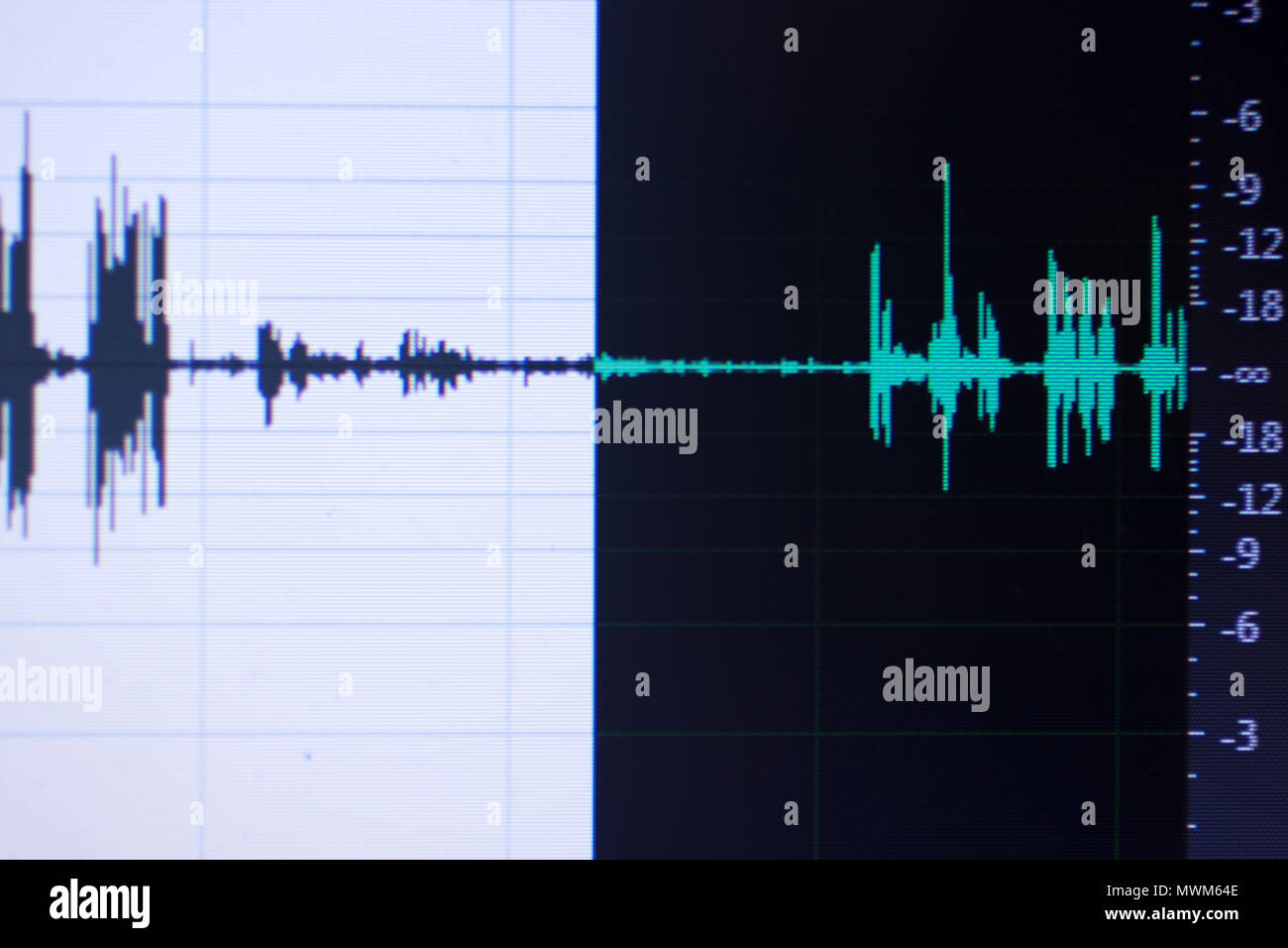 Audio sound wave studio editing computer program screen showings sounds ...
