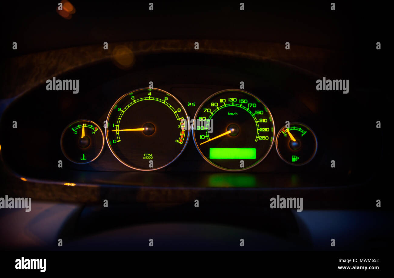 Modern illuminated green car control panel, dashboard display Stock ...