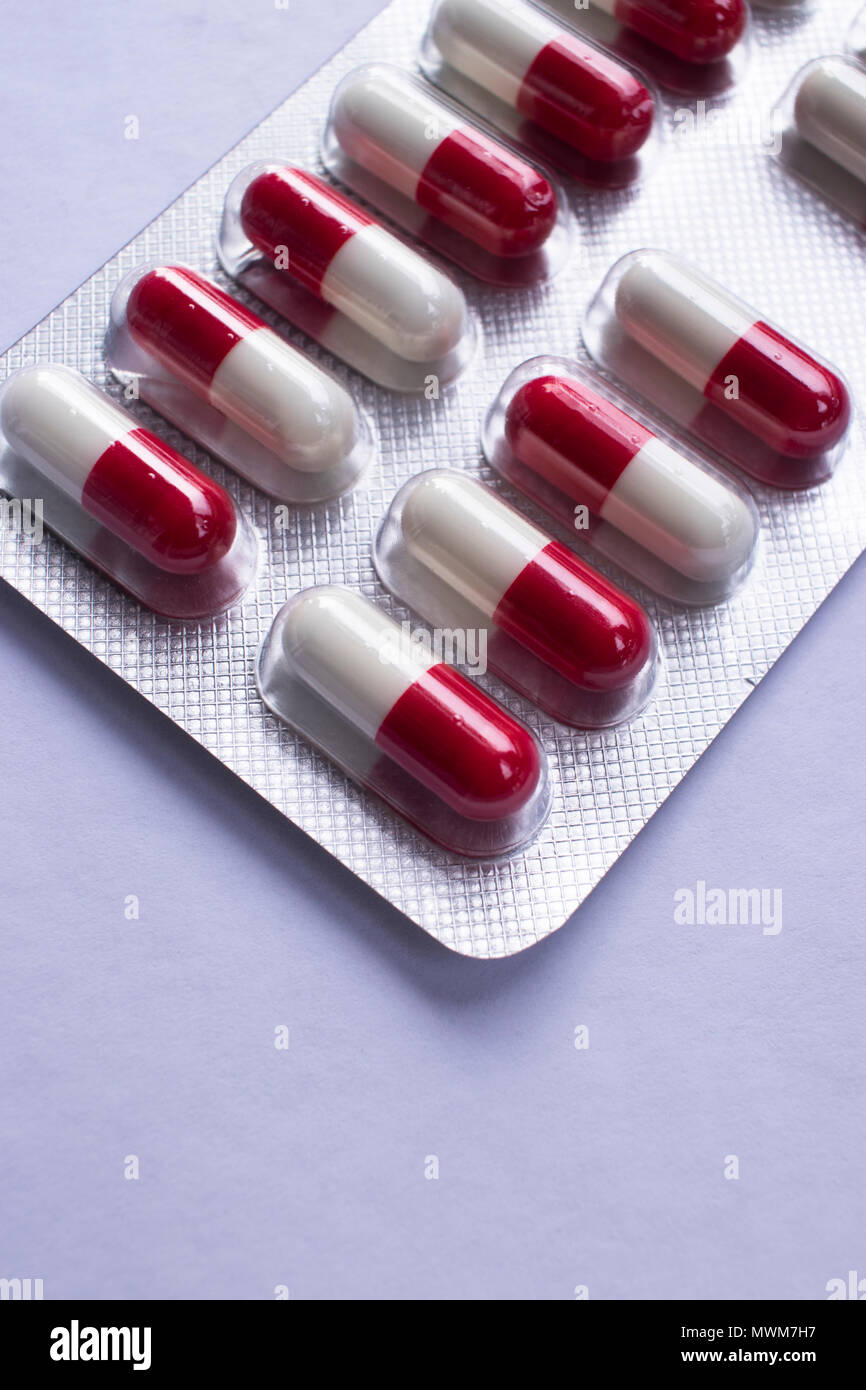 Medical prescription drug pills blister pack of red and white ...