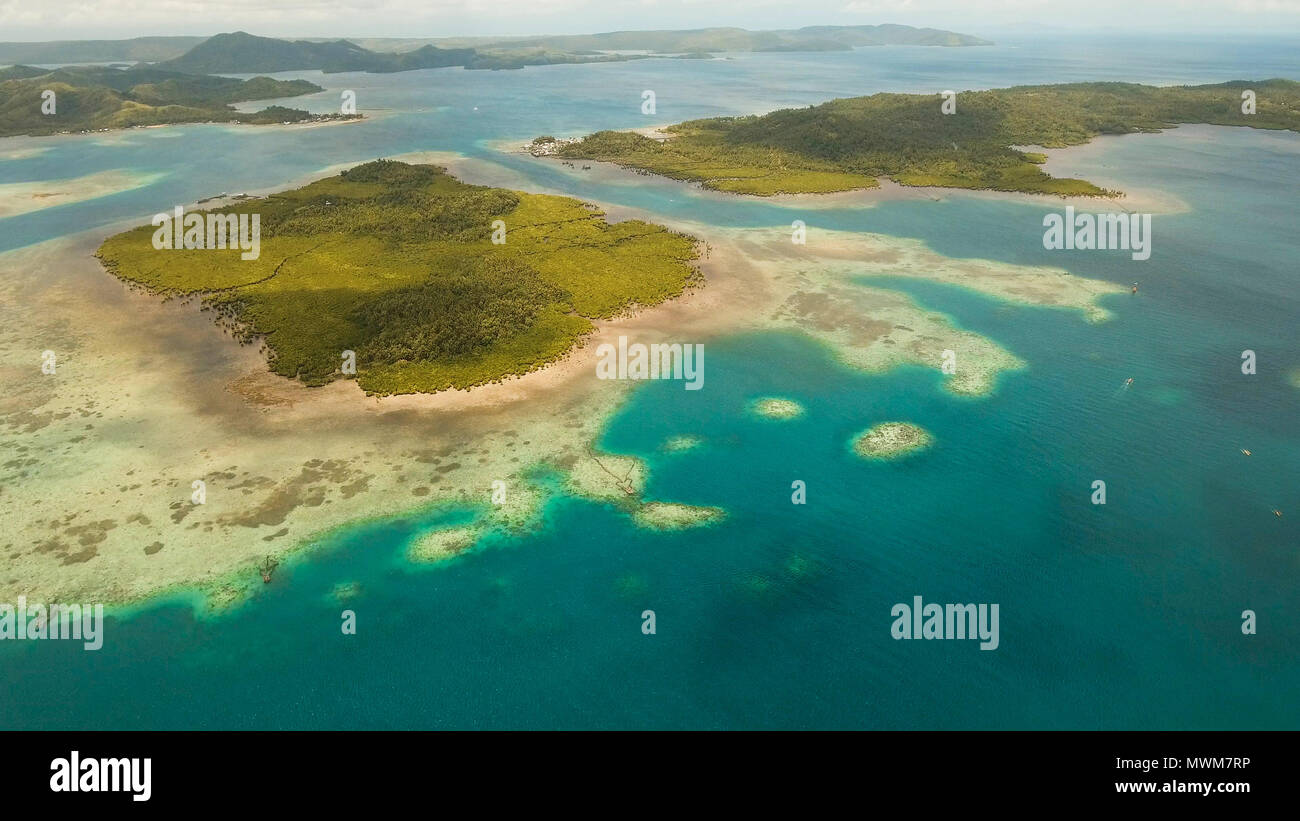 Aerial view: beach, tropical island, sea bay and lagoon, Siargao ...