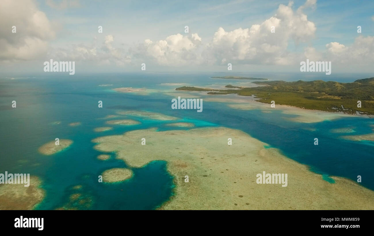 Aerial view: beach, tropical island, sea bay and lagoon, Siargao ...